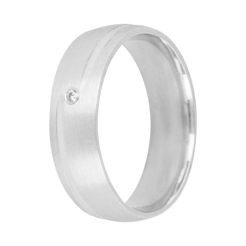 Anillo de boda en oro blanco de 14 kt con ranura y una circonia de 6 mm ...